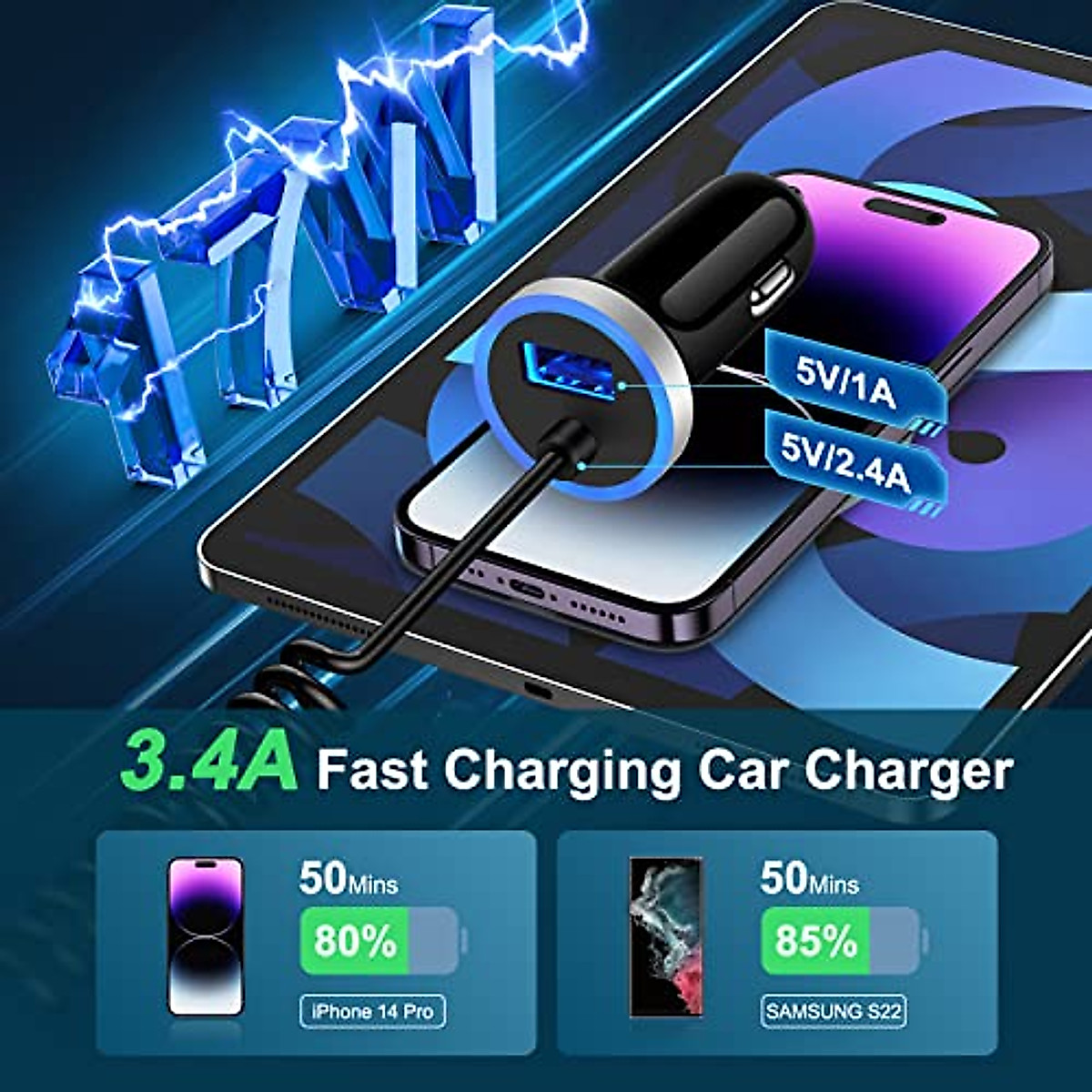 USB C Samsung Fast Car Charger for Samsung Galaxy A14 A23 A54 Z Fold 4 Z Flip 4 A13 S23 S22 Ultra S21FE A53 S20 A03s;Google Pixel 7 Pro 6a 5a 6;3.4A Car Adapter Plug + 3ft Type C Android Charger Cable
