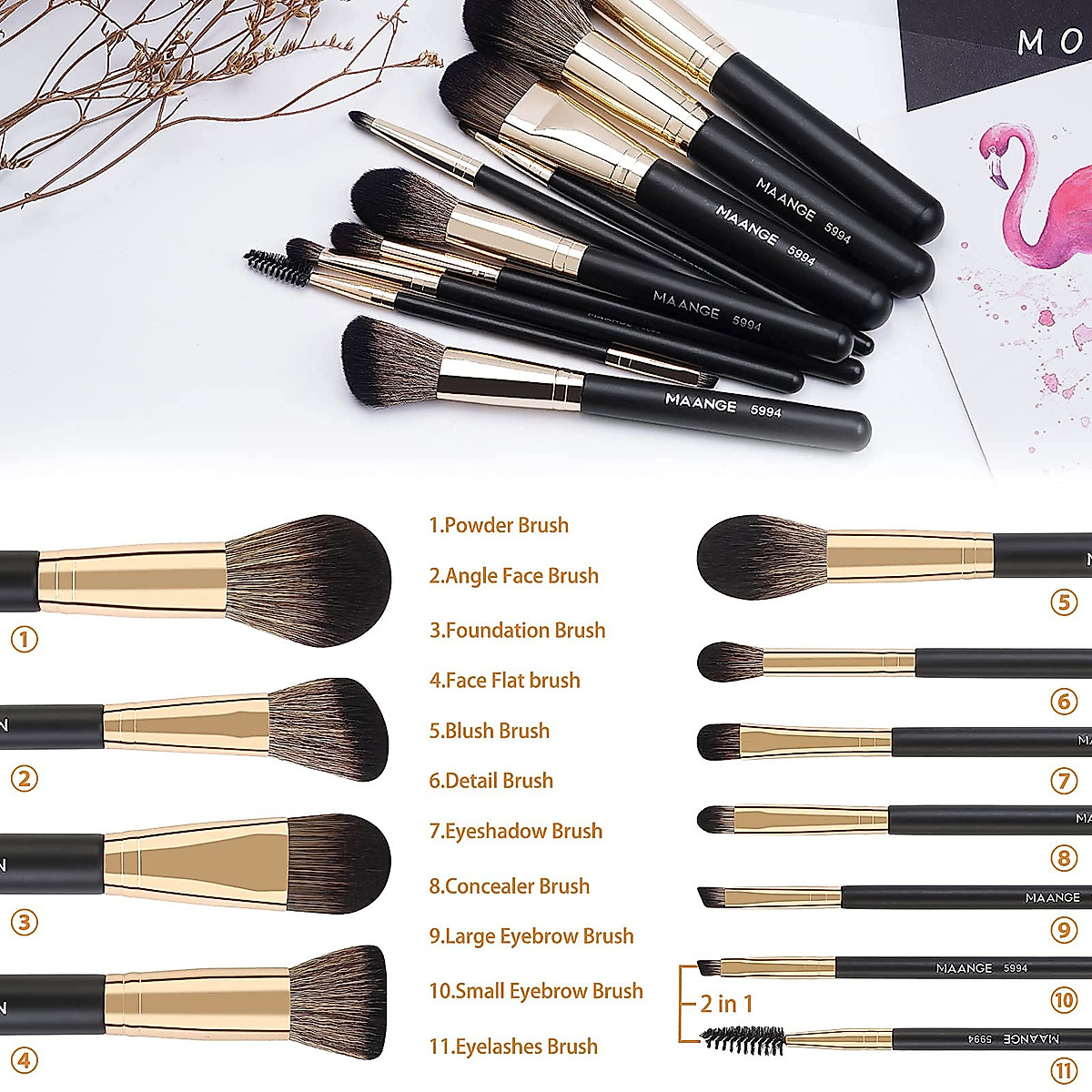 Makeup Brushes,MAANGE 10 PCs Travel Professional Makeup Brushes Set with Case,Foundation Kabuki Blush Eyeshadow Make Up Brush with Makeup Sponge and Brush Cleaner(Blackgold)