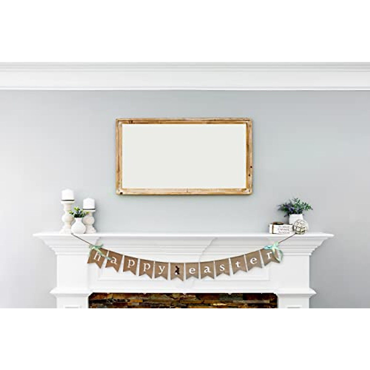 Happy Easter Burlap Banner Garland - Bunny Rabbit & Fluffy Tail Design - Ready to Hang Wall Decor - Complete with Hanging Ribbon Decoration - by Jolly Jon