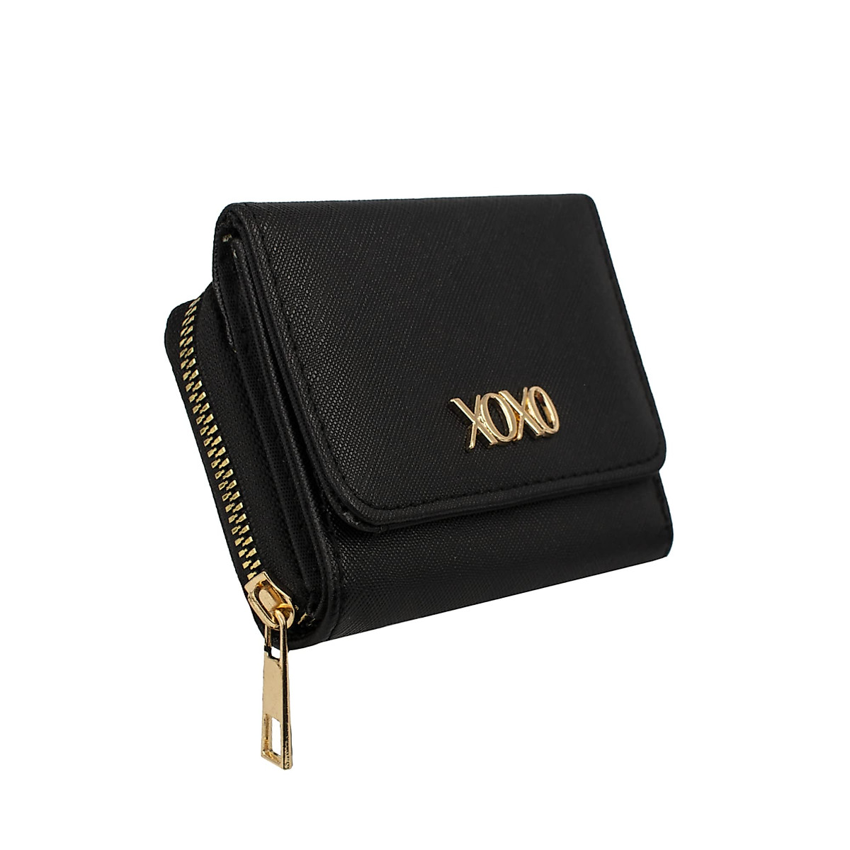 XOXO Women’s Wallet Mini Black Saffiano Zip Around Graffiti Print Indexer With Chain Crossbody Strap