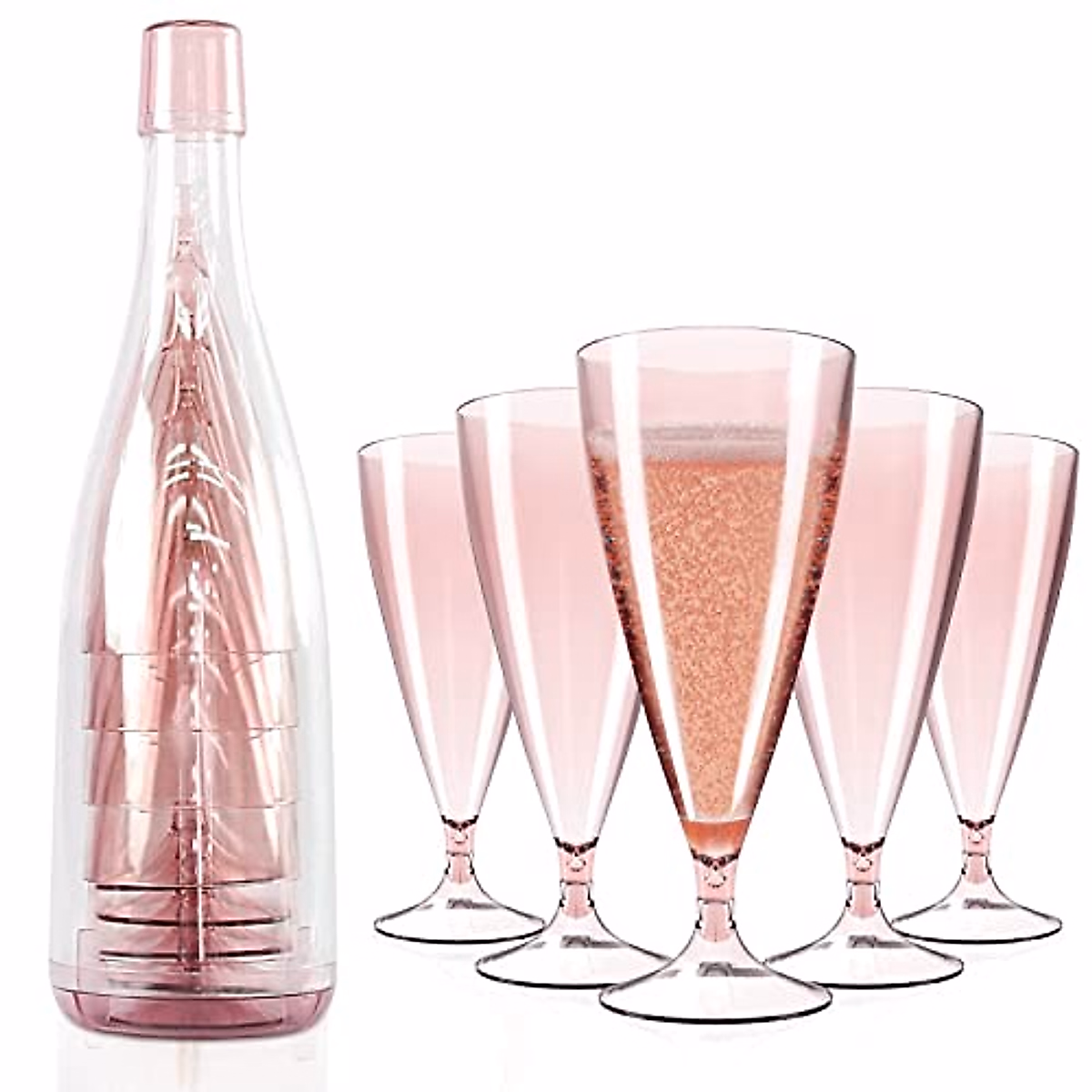 Zonbaizey 5pcs Pink Plastic Champagne Flutes - 6oz Plastic Champagne Glasses with Storage Bottle - Reusable & BPA free Stemless Champagne Flutes Plastic - Ideal for Parties, Weddings, Birthdays