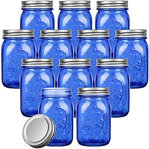 Pinkunn 12 Pcs Mason Jars with Lids 16 Oz Regular Mouth Pint Canning Jars Vintage Glass Jars Bulk Airtight Multifunction Mason Jars for Storage Canning Pickling Preserving Fermenting (Dark Blue)