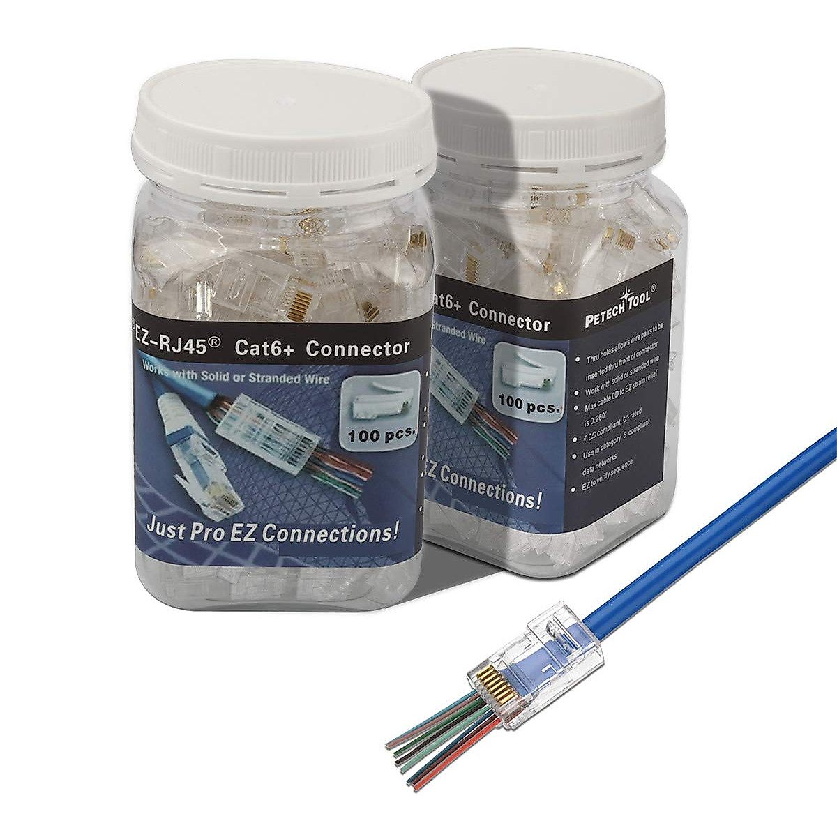 PETECHTOOL 100-Pack RJ45 CAT6A CAT6 Pass Through Connectors 23AWG Cables-End Bold UTP Ethernet 8P8C Gold Plated Modular Plug for Unshielded Twisted Pair Solid Wire Standard Cables