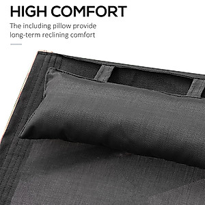 Outsunny Outdoor Chaise Wood Lounge Chair with Pillow, Armrests, Breathable Sling Mesh and Comfortable Curved Design for Patio, Deck, and Poolside