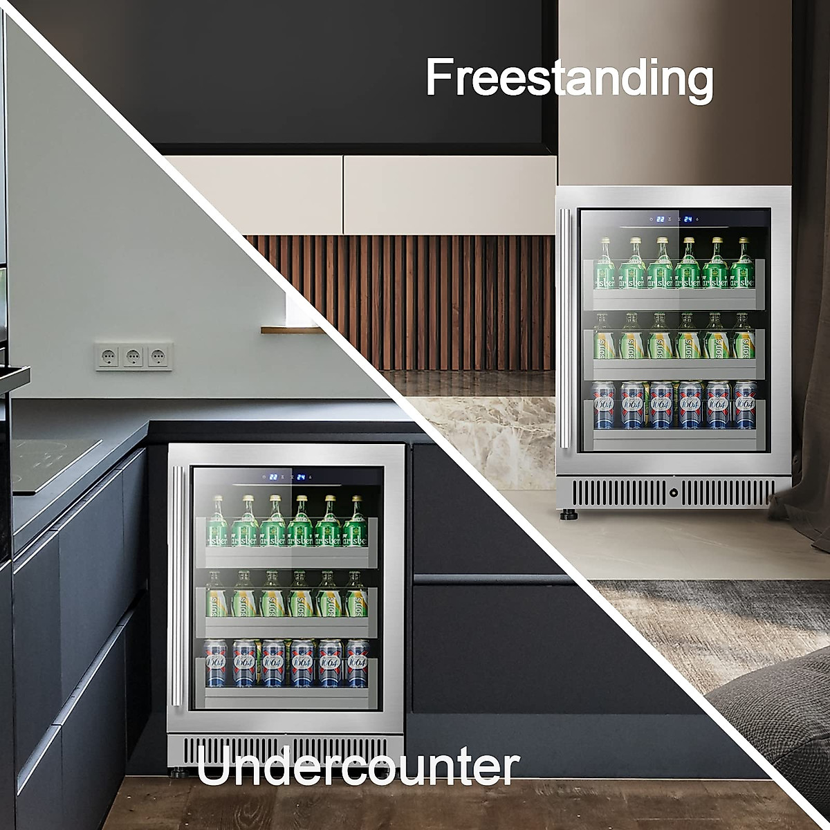 MGMEDOS Beverage Refrigerators 24 Inch Built-in Freestanding Stainless Steel Mini Fridge Beverage Cooler (Glass Door)