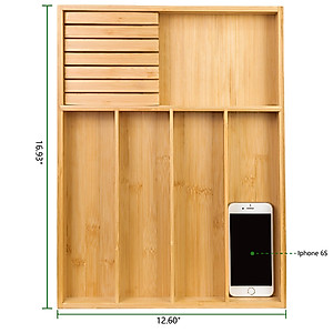 VaeFae Bamboo Silverware Organizer, Utensil Holder for Drawer, Wooden Cutlery Tray with Divider for Kitchen, Flatware Storage and Removable Knife Block, 13 x 17 inches