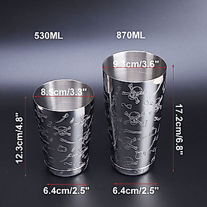 Stainless Steel Boston Shaker Tin with Etched Pattern - 2 Piece Weighted Cocktail Shaker 18oz & 28oz,Martini Drink Shaker Kit for Bartender Professional Bar Tools (Skull Pattern)