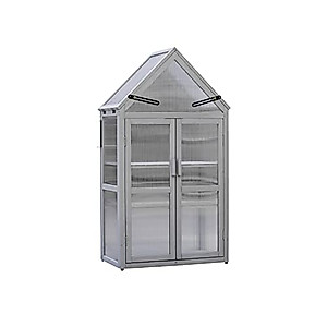 DHPM Greenhouse Cold Frame, Wooden Garden Raised Shelf Planter Mini Portable Stand Kit Indoor Plant Cabinet Triangular Top Grow Protection for Outdoor Patio Balcony Garden Backyard, 27"x 16"x 52" H