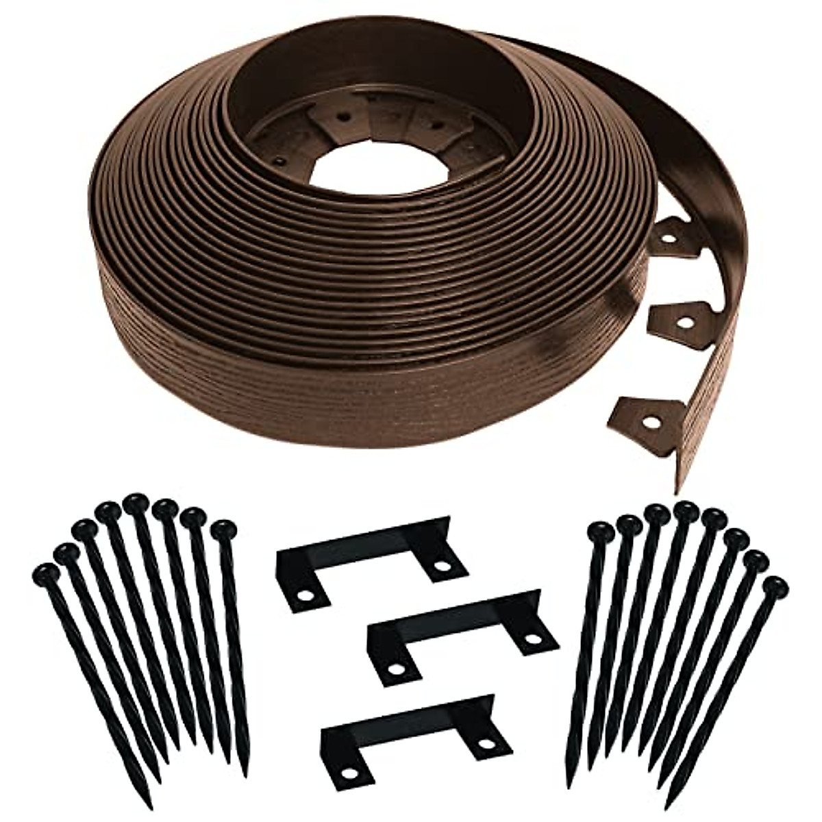 EasyFlex Tall Wall No-Dig Ladscape Edging with Anchoring Spikes, 2.5 in. Tall Straight Top Plastic Garden Border with Woodgrain Texture, 40 Foot Kit, Brown (3220BRE-40C)