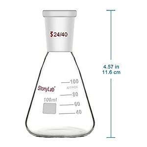 StonyLab Glass 24/40 Erlenmeyer Flask, Borosilicate Glass Heavy Wall Flask with 24/40 Standard Taper Outer Joint, 100ml