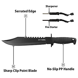 FLISSA Survival Hunting Knife and Bushcraft Knife, with Sheath