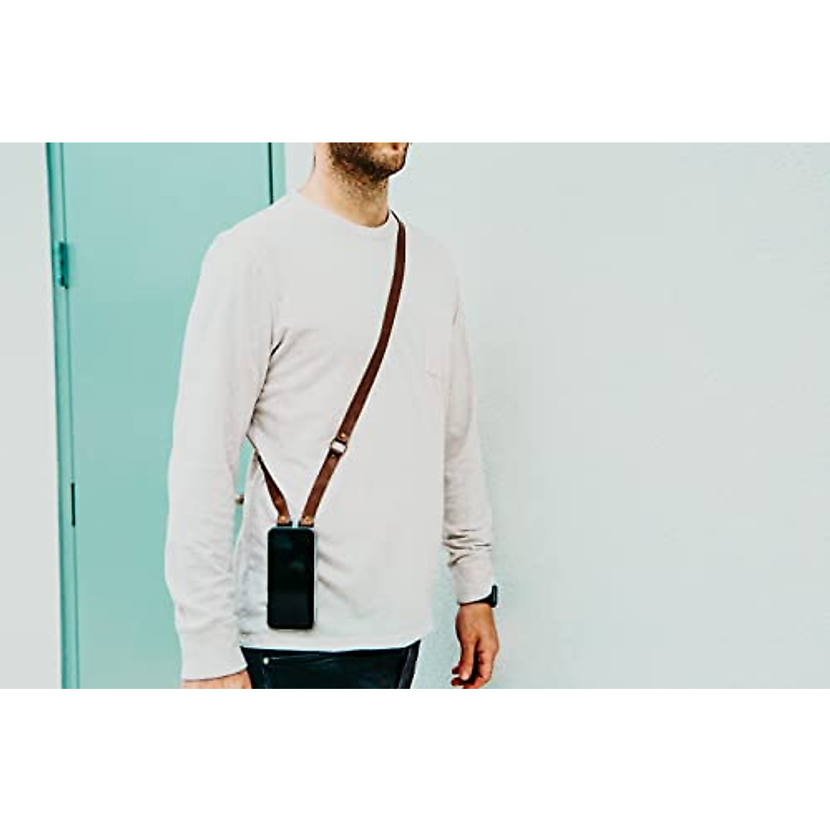 The Clutch Strap Cross-Body Adhesive Phone Carrying Strap with Brown Leather and Brass Hardware, 54-Inches