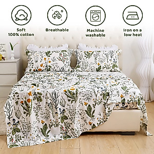 QSH 100% Cotton Sheets for Queen Size Bed, Yellow Flowers Plant Pattern Botanical Luxury Cotton Printed Floral Bedding Sheets Queen Soft and Breathable 4pcs Deep Pocket Queen Sheet Set