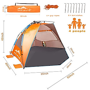 Oileus X-Large 4 Person Beach Tent Sun Shelter - Portable Sun Shade Instant Tent for Beach with Carrying Bag, Stakes, 6 Sand Pockets, Anti UV for Fishing Hiking Camping, Waterproof Windproof, Orange