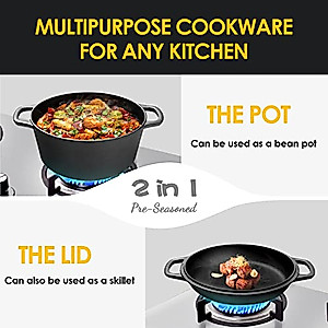 EDGING CASTING 2-in-1 Pre-Seasoned Cast Iron Dutch Oven Pot with Skillet Lid Cooking Pan, Cast Iron Skillet Cookware Pan Set with Dual Handles Indoor Outdoor for Bread, Frying, Baking, Camping, BBQ, 5QT