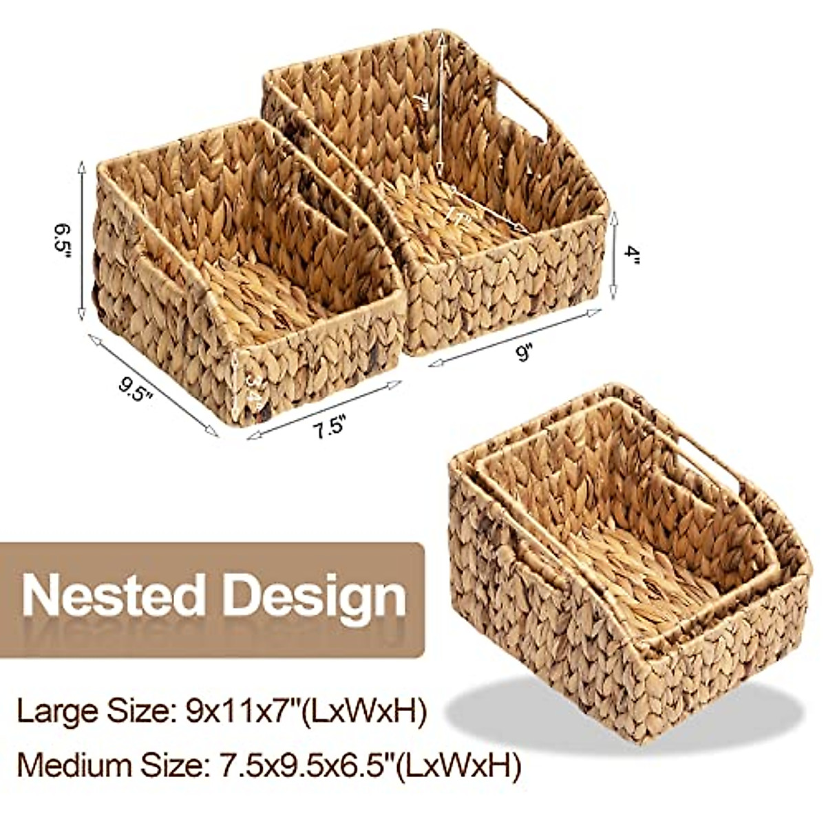 FairyHaus Wicker Baskets 2 Pack 11x9x7" & 9.5x7.5x6.5", Natural Water Hyacinth Wicker Storage Basket for Organizing, Hand-woven Big Wicker Basket with Handles, Large & Small Wicker Baskets Set for Storage Shelves