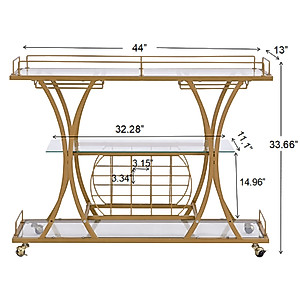 FABOMEI Gold Bar Carts with Glass Holders & Wine Rack,3 Tier Home Bar Serving Carts with Glass Shelves,Metal Rolling Bar Carts for The Home Kitchen, Party