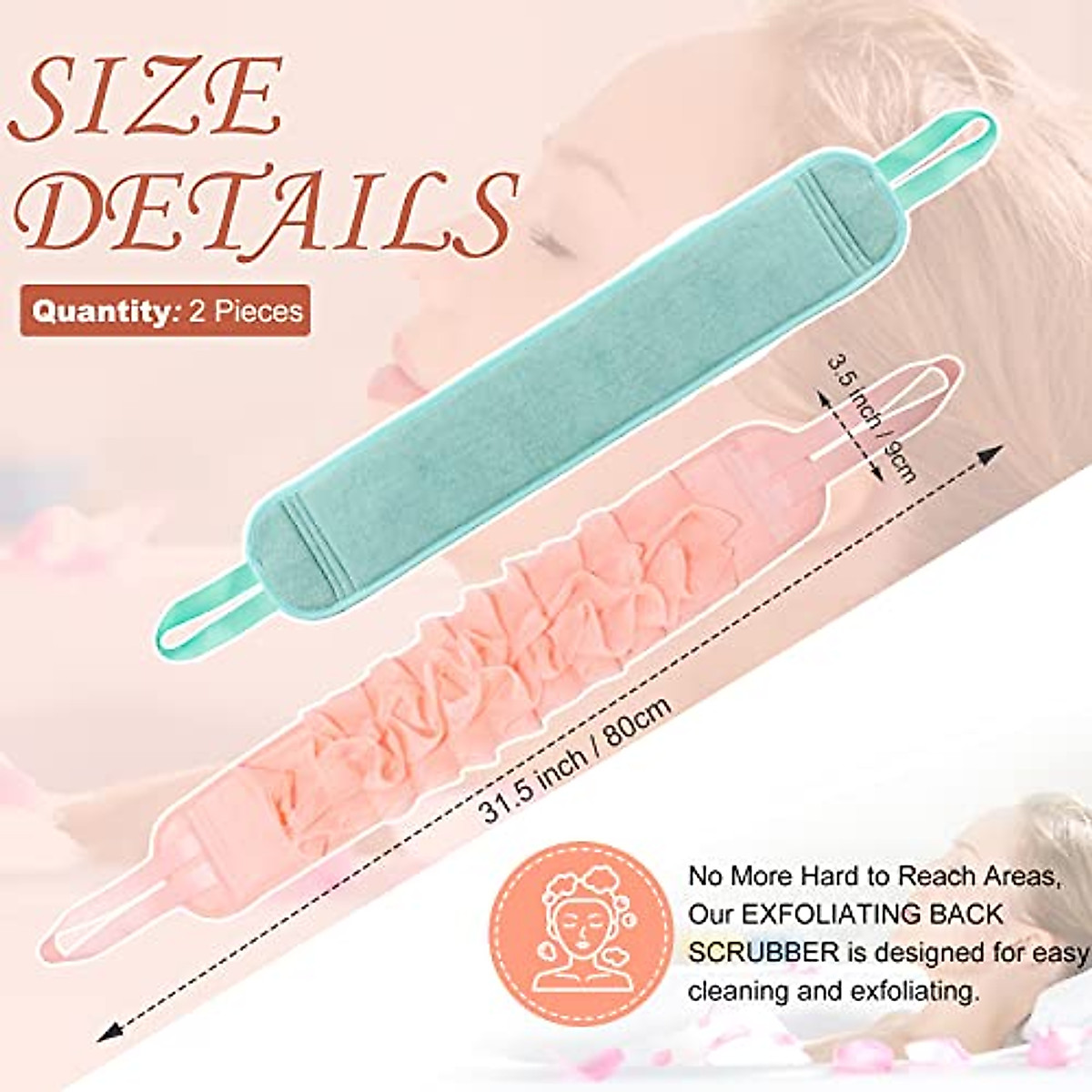 2 Pack Exfoliating Back Scrubber Double Sided Exfoliating Cloth with Strap Long Body Scrub Sponge Shower Loofah with Handle for Women Men Deep Clean Body Washing (Pink, Blue, Soft Cloth)