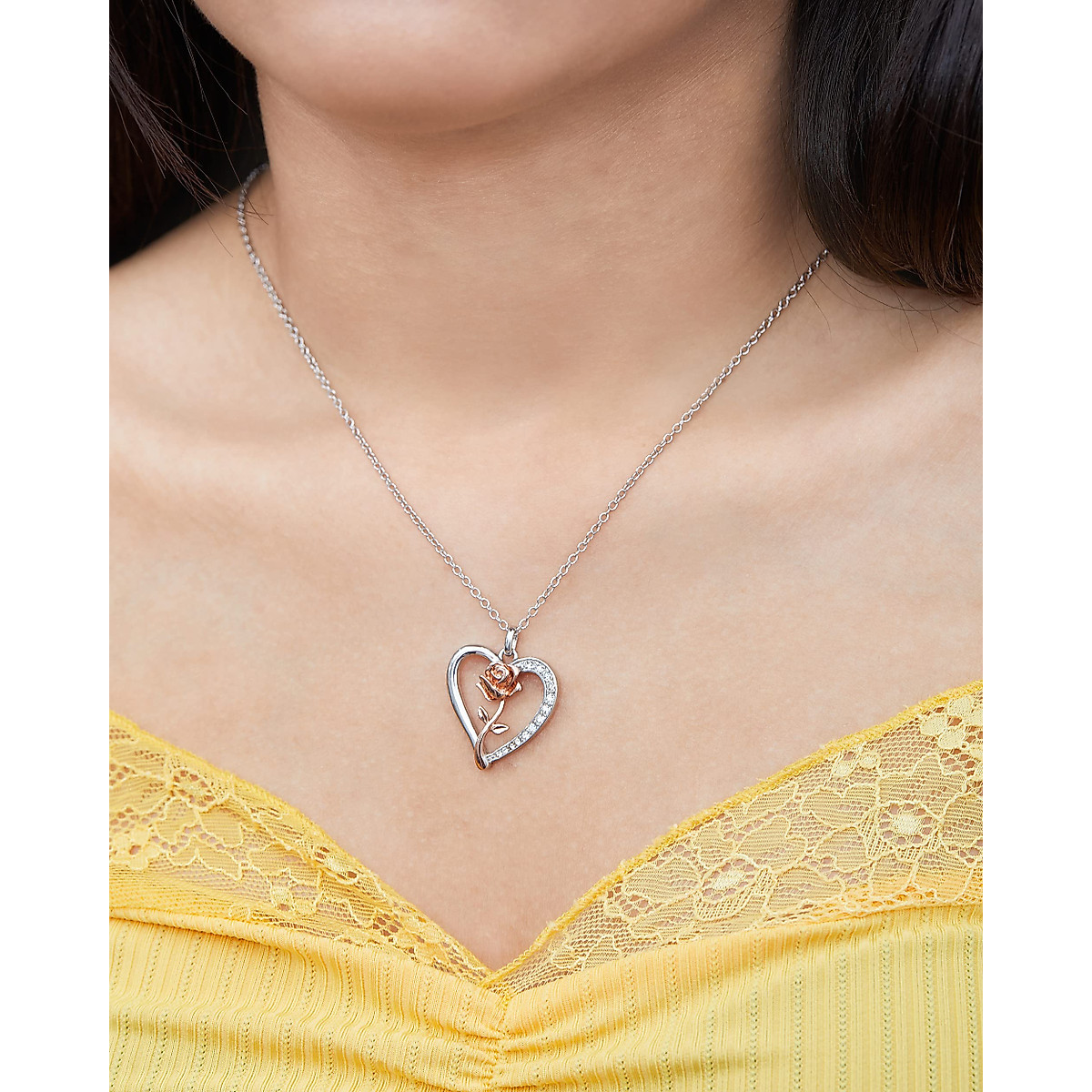 Disney Princess Beauty and the Beast Two Tone Necklace, Belle Rose Crystal Heart Pendant, 18"