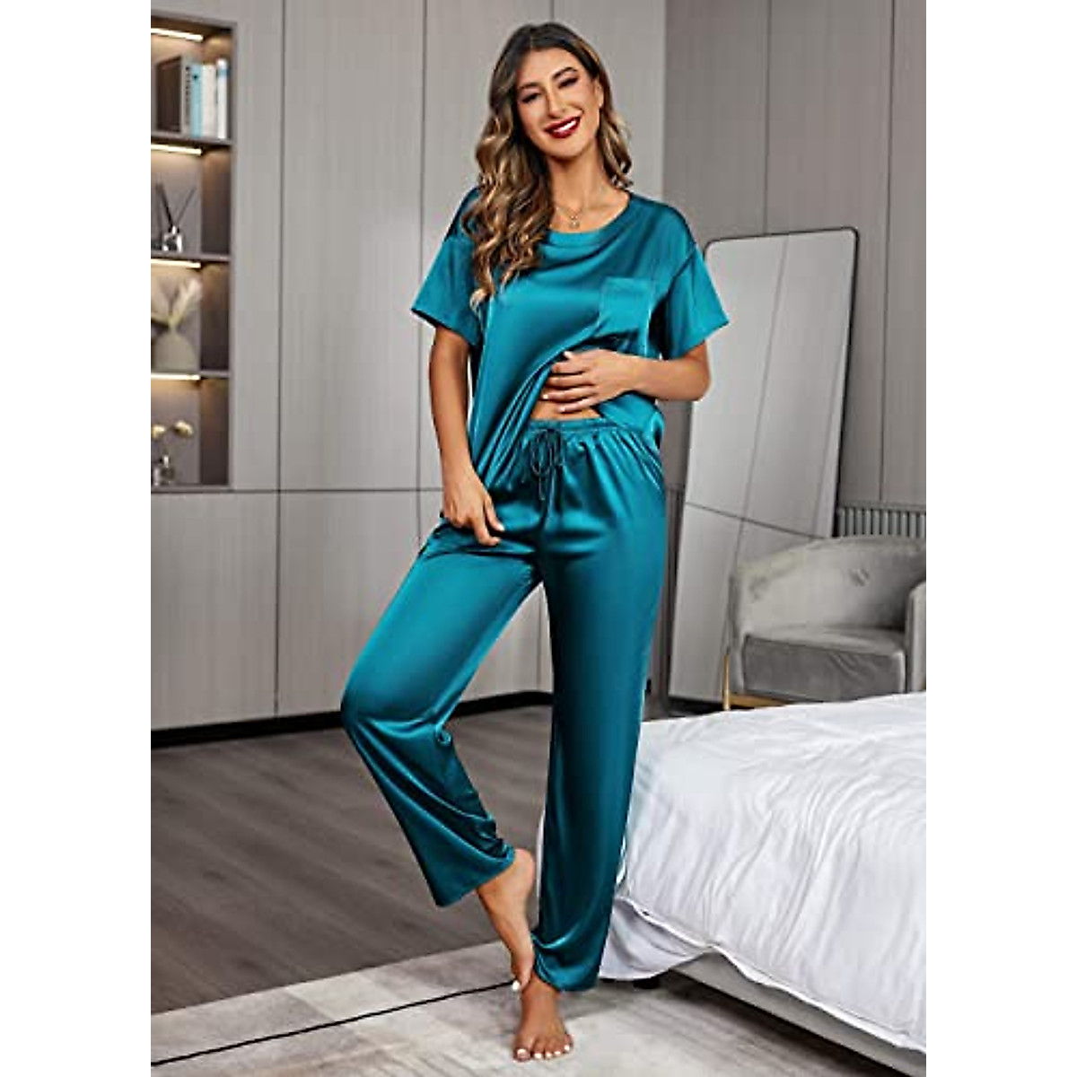 Ekouaer Satin Pajama set for Women Silk Pajamas Set Satin Pj Set Short Sleeve Top and Long Pant Pajama Set Two Piece Sleep Set Silky Sleepwear Nightwear Green L