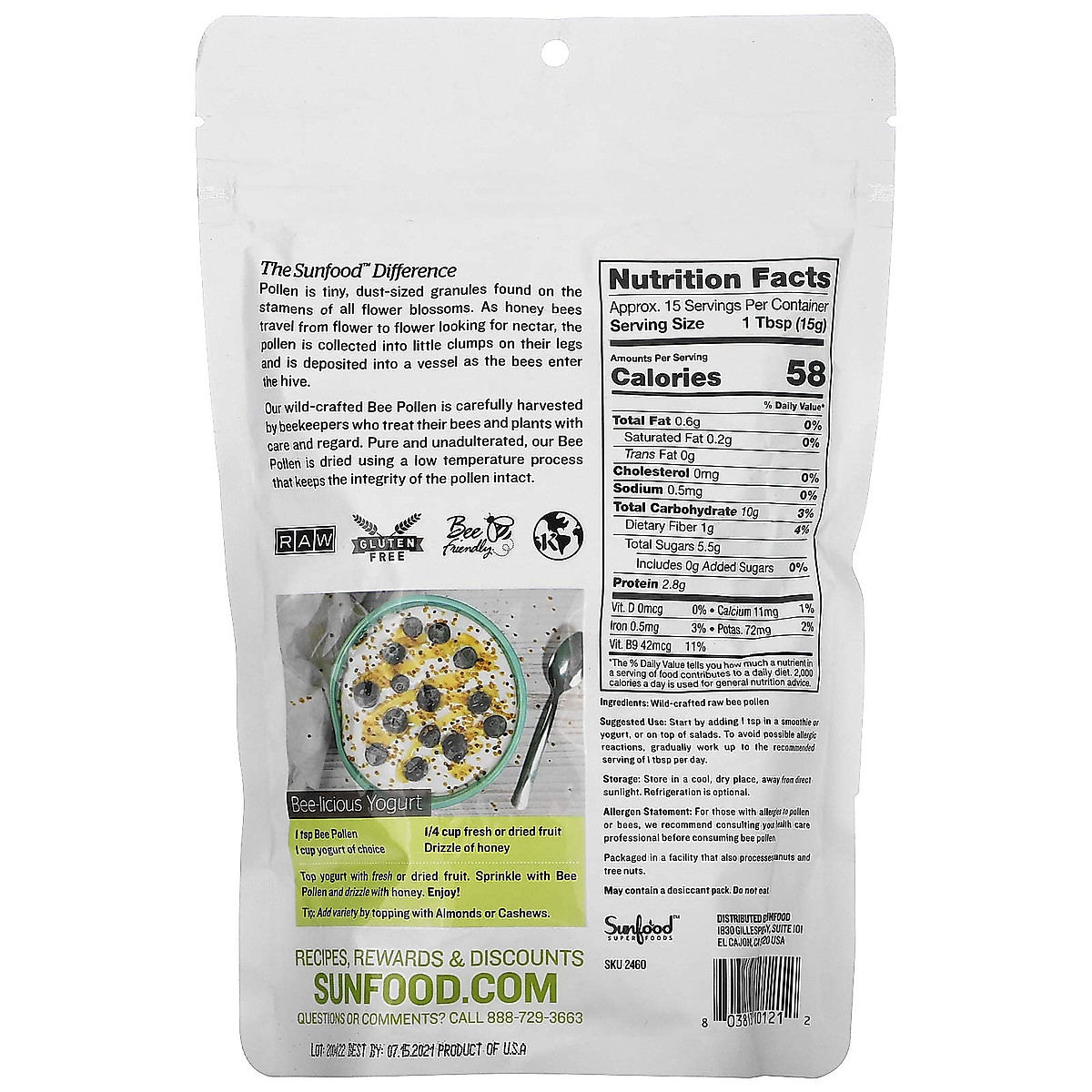 Sunfood Bee Pollen, Wild-Crafted, Raw 8 oz