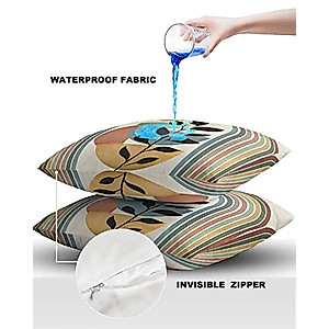 Outdoor Pillow Covers Waterproof, Boho Geometry Throw Pillowcase Decorative Cover, Rainbow Striped Middle Century Northern Europe Garden Cushion Case Set of 2 for Sofa, Couch, Tent, Patio 16"x16"