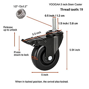 Stem Caster Wheels 5 inch Casters with Safety Dual Locking 1500Lbs Heavy Duty Threaded Stem Casters No Noise Swivel Castors with Brakes 1/2”-13x1.5”