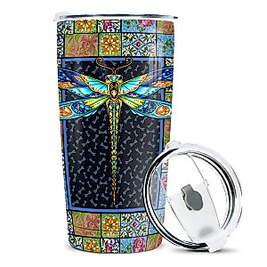 winorax Dragonfly Tumbler Stainless Steel Insulated 20oz Cup Mosaic Drawing Style Coffee Travel Mugs Tumbler With Lid Inspiration Gifts For Women Girls Christmas Birthday Gift
