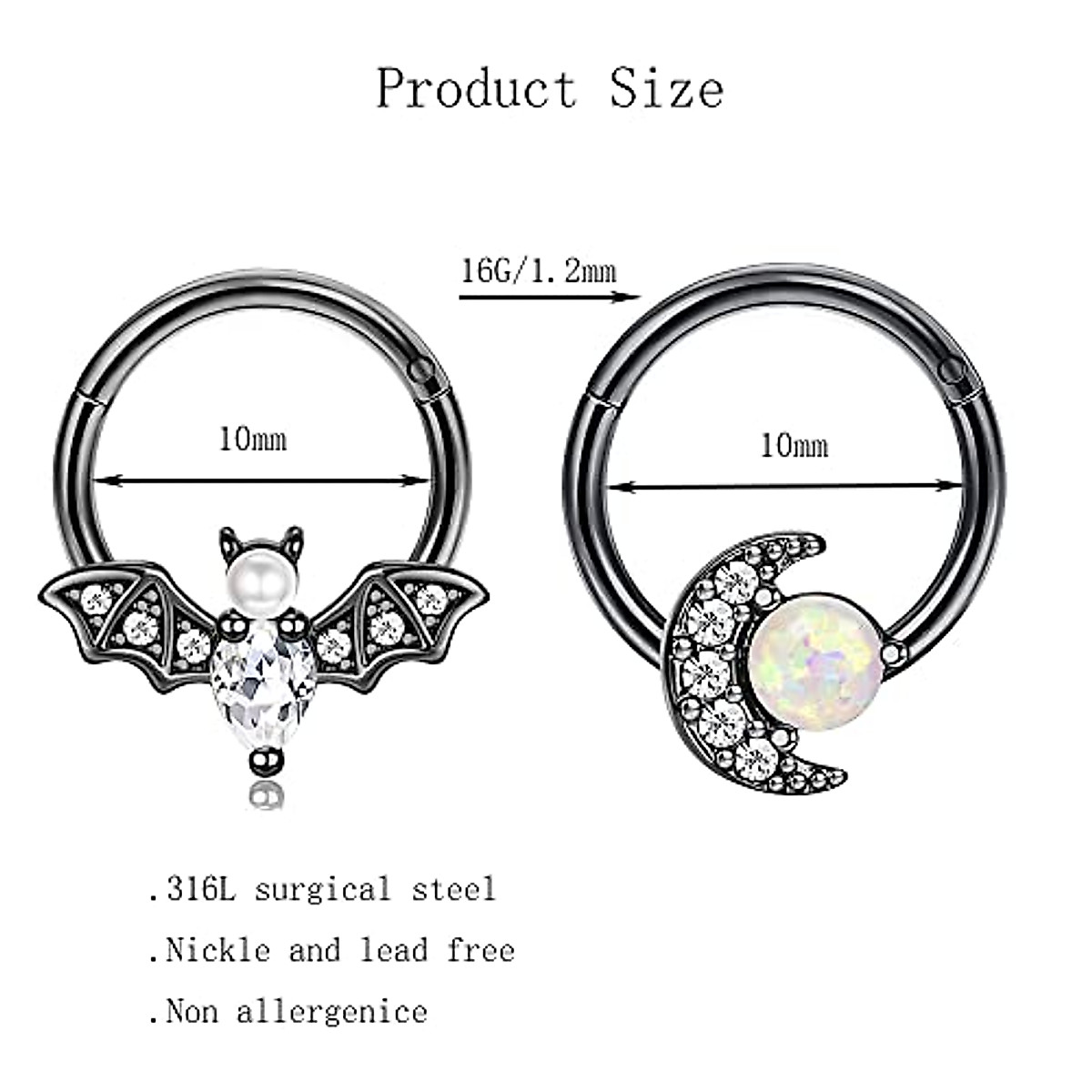 EVISPOL 2Pcs 16G Septum Nose Rings for Women Men, Stainless Steel Bat Septum Jewelry Moon Nose Rings CZ Septum Clicker Cartilage Daith Tragus Helix Ear Piercing Jewelry-Black Bat- Moon