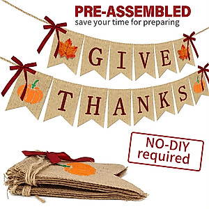 Give Thanks Burlap Banners Thanksgiving Decorations | Rustic Thanksgiving Turkey Pumpkin Burlap Garland | Thanksgiving Day Party Supplies - 2 Strings, NO DIY Fireplace Mantle Home Decoration