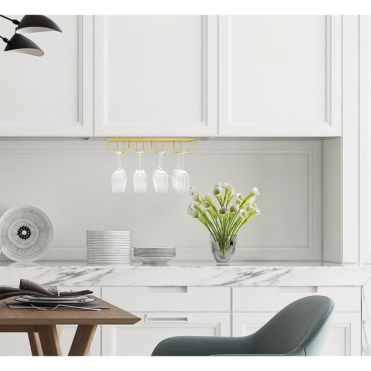 Nuovoware Hanging Stemware Holder, Wine Glass Holder Hanging Wine Glass Holder with 4 Rails for Under Shelf Glass Cabinet Hanging Chrome Kitchen Bar - Gold