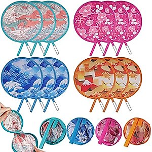 12 Pcs Round Japanese Style Foldable Hand Fan Summer Flower Handheld Folding Fan 4 Patterns Collapsible Handheld Fan Foldable for Women Girls Daily Use Festival Wedding Party Favors Home Decorations