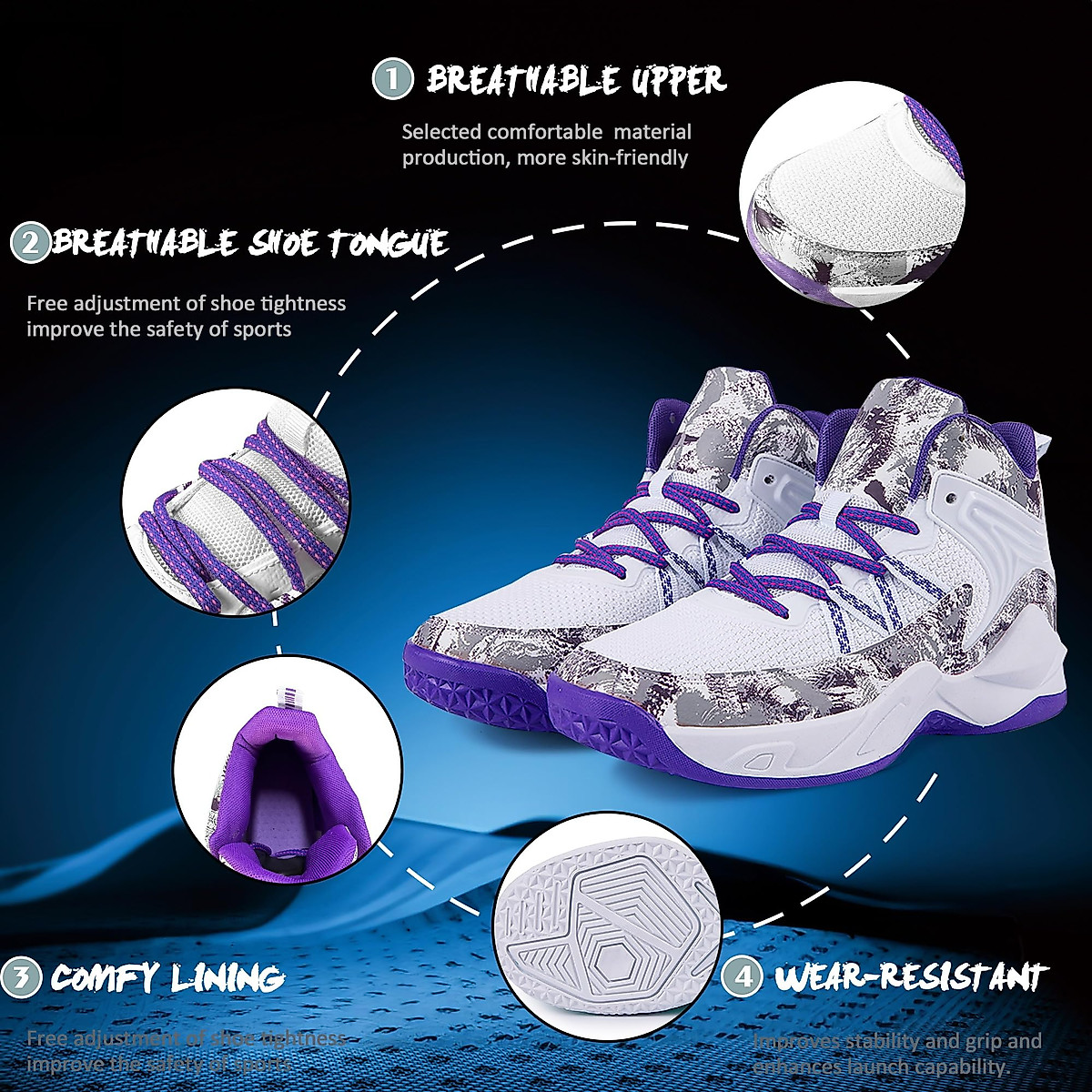 CJSPORX Men Women Basketball Shoes Breathable Non Slip Outdoor Fashion Sneakers White Purple Size 6