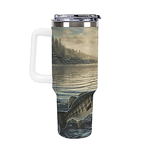 LLUTSNTH 40 Oz Vacuum Tumbler with White Handle Leakproof Insulated Tumbler Lake Fish Fishing Stainless Steel Travel Mug with Lid And Straw Coffee Cup Cute Water Bottles Cup Holder Friendly