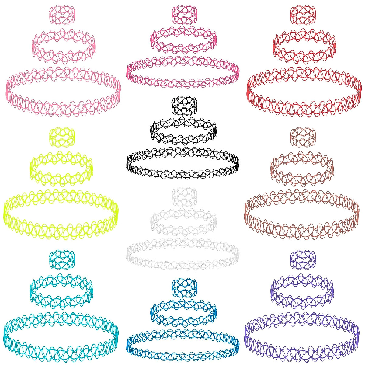 BodyJ4You 30PC Choker Henna Tattoo Necklace Bracelet Ring Set - Stretchy 90s Accessories Women Girls Kids - Vibrant Rainbow Pink Green Blue Red Clear White - Elastic Adjustable Jewelry