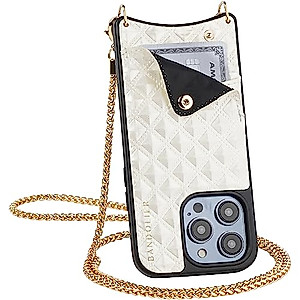Bandolier Sheila Crossbody Phone Case and Wallet for iPhone 14 - Pyramid Studded Creme Vegan Leather with Gold Detail