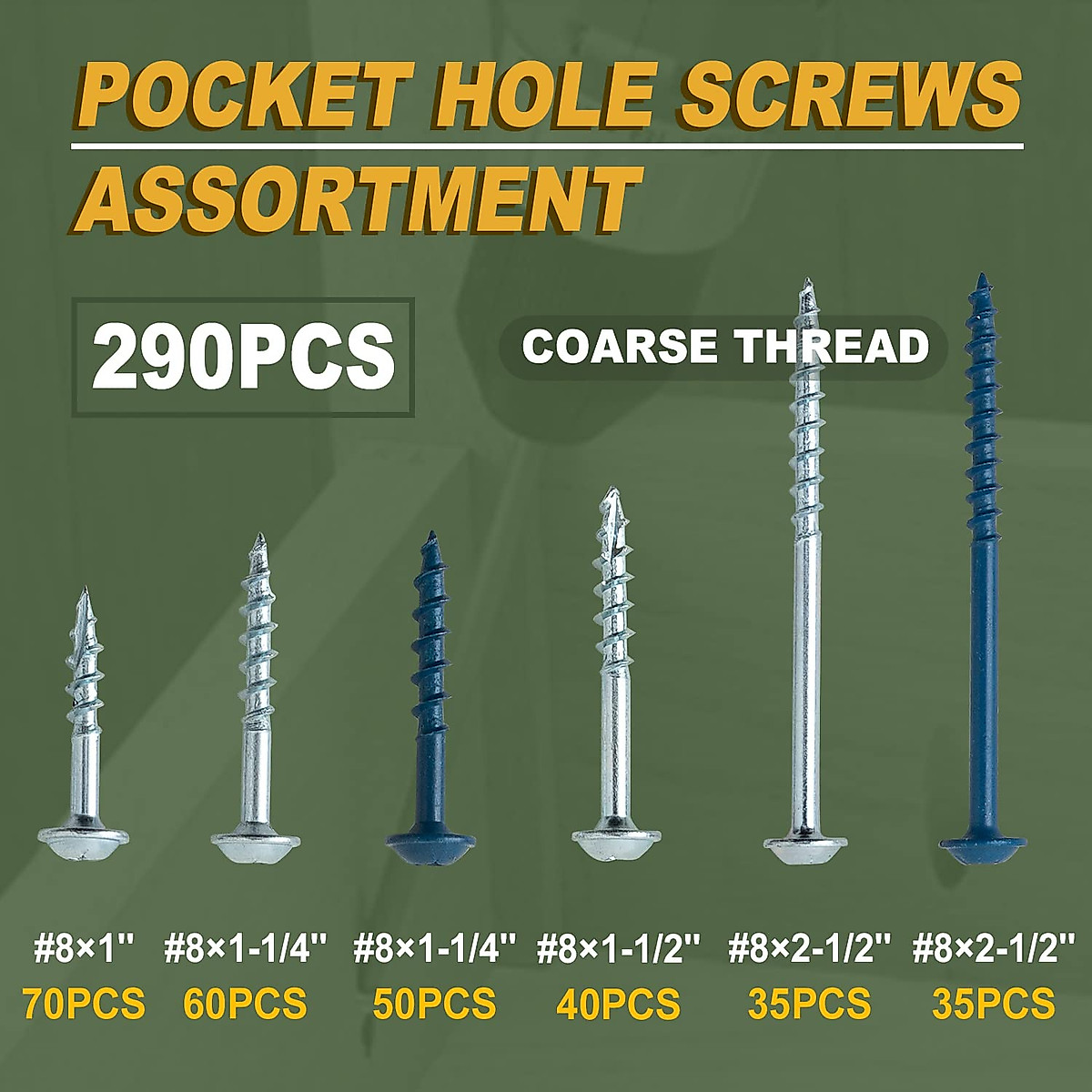 LIONMAX Pocket Hole Screws Assortment Kit 290PCS, 6 Size Pocket Hole Screws Kit, Coarse Thread, Washer Head, Self Tapping for Soft Wood, 150MM Square Drive Bit Included