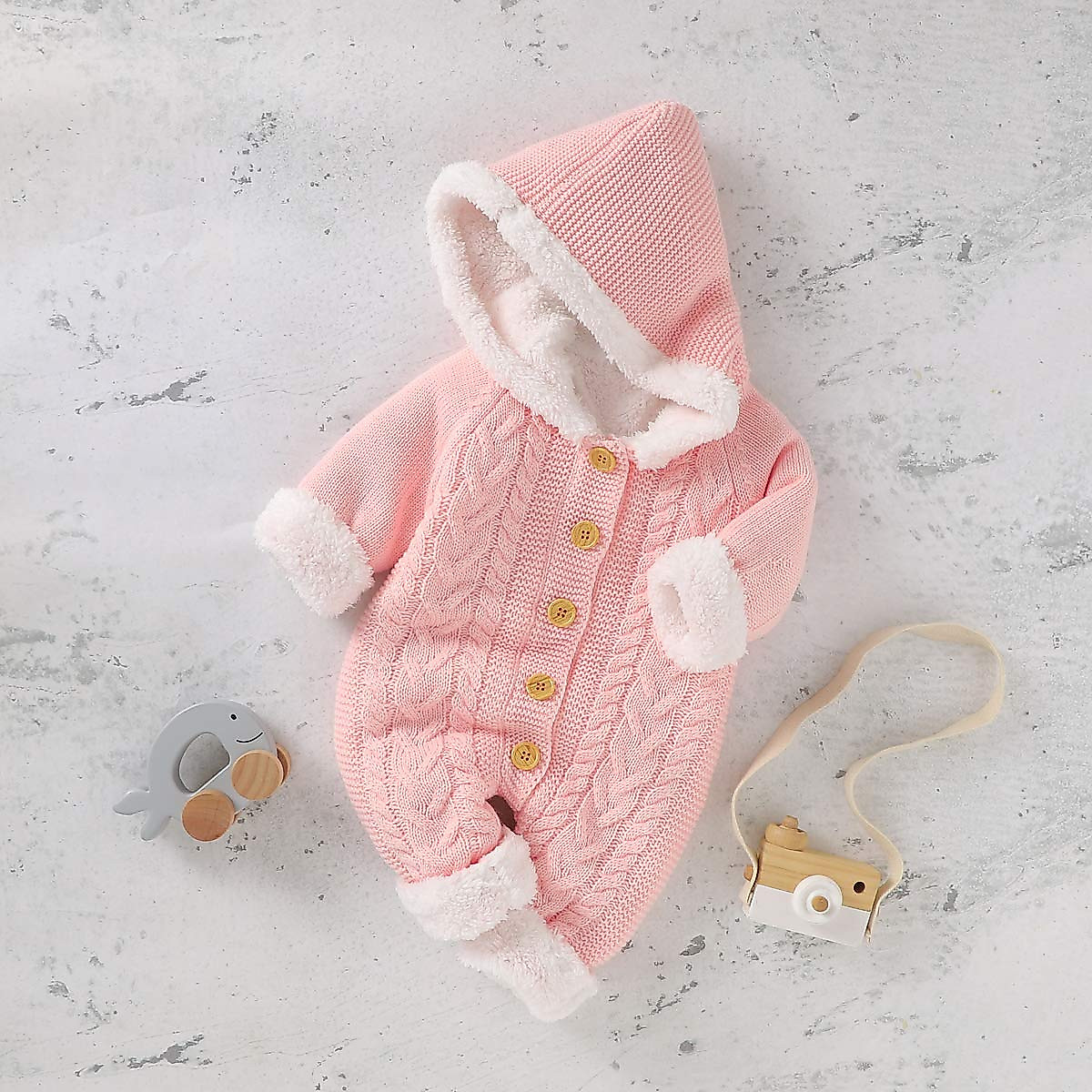 Camidy Baby Hooded Jumpsuit,Toddler Knitted Romper Cotton Long Sleeve One-Piece Coveralls