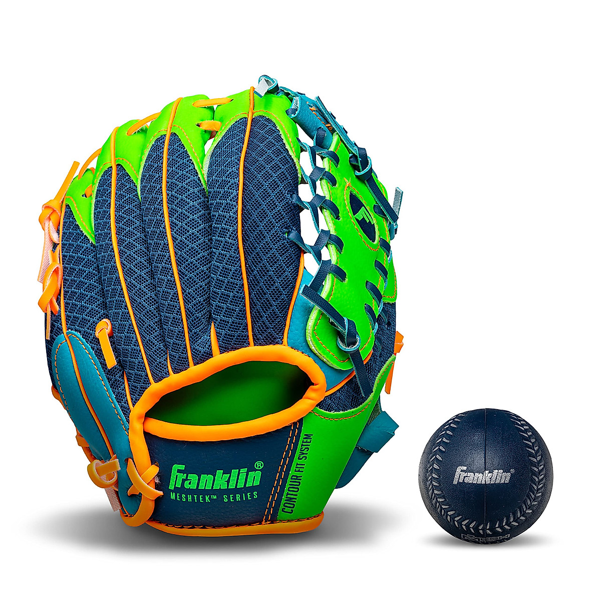 Franklin Sports Baseball Gloves - Meshtek Child's Tball Glove + Ball - Boys + Girls Teeball Mitt Set - Kids + Toddler Right Hand Throw - 9.5" - Navy/Lime/Orange