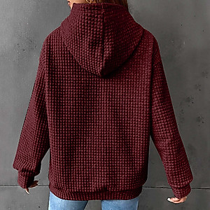 Womens Waffle Knit Hoodies Casual Long Sleeve Cute Football Print Sweatshirts Drawstring Trendy Pullover Tops 2023 oversized sweatshirts for women fall Wine M