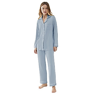 Joyaria Ladies Winter Button Down/Up Pajama/Pj Set Long Sleeve Long Pants(Dusty Blue, Medium)