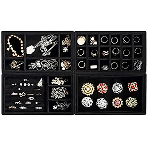 Elsjoy 8 Pack 4 Styles Velvet Jewelry Tray, 8" x 5" Jewelry Organizer Tray Stackable Jewelry Storage Tray, Drawer Jewelry Tray for Rings, Earrings, Necklace, Bracelet, Black
