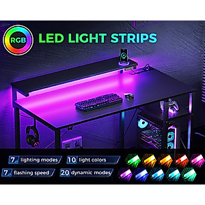 MOTPK Gaming Desk with Led Lights & Power Outlet, 40 Inch Small Gaming Computer Desk with Shelves, Reversible Gamer Desk Table with Adjustable Monitor Stand & Headphone Hook, Carbon Fiber Texture