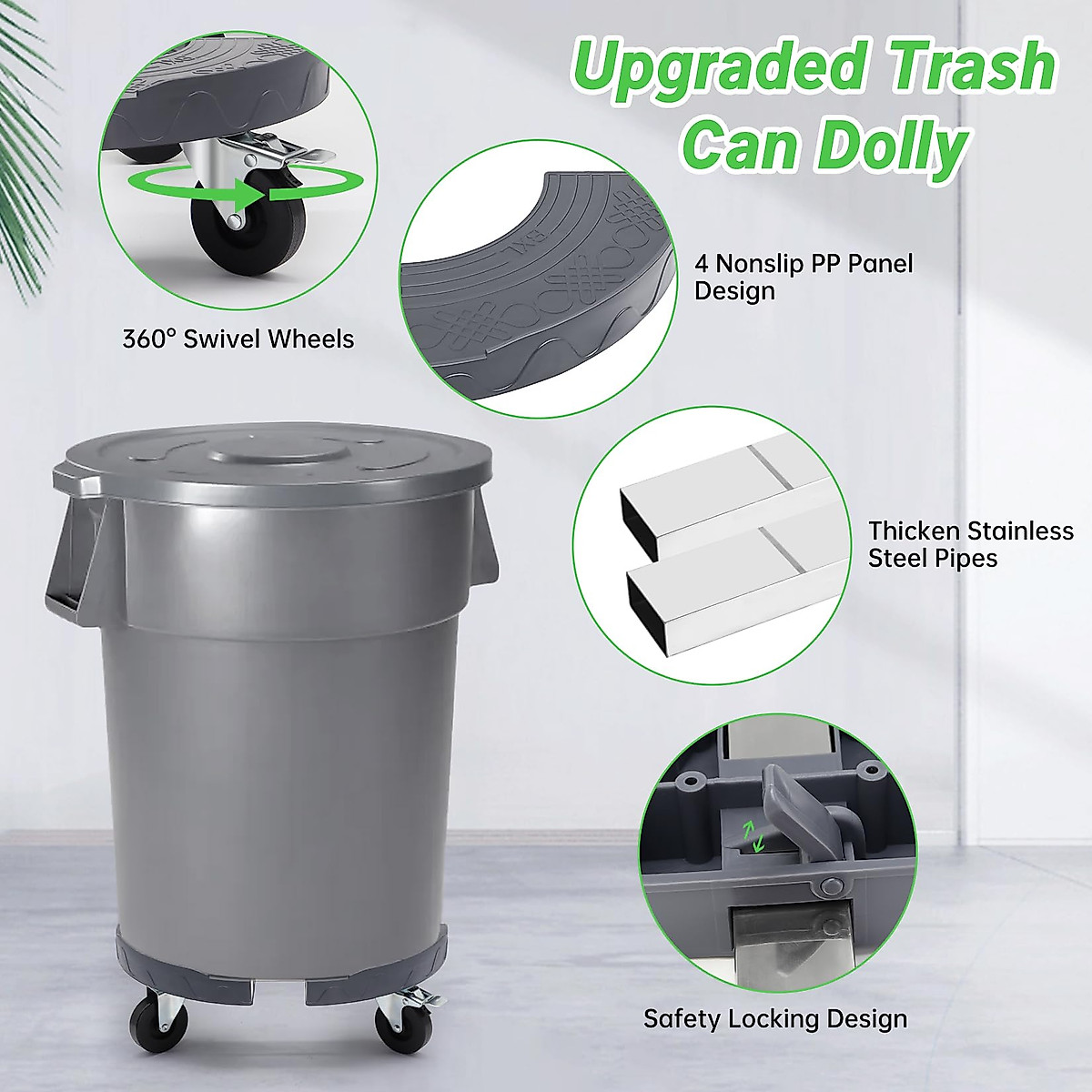 Nefish Upgraded Trash Can Dolly Wheels, Adjustable 15-19 Inch Round Barrel Dollies Wheels, Heavy Duty Drum Dollies 480lbs Tire Dolly, Multi Functional Garbage Can Dolly Cart Trash Can Roller Base