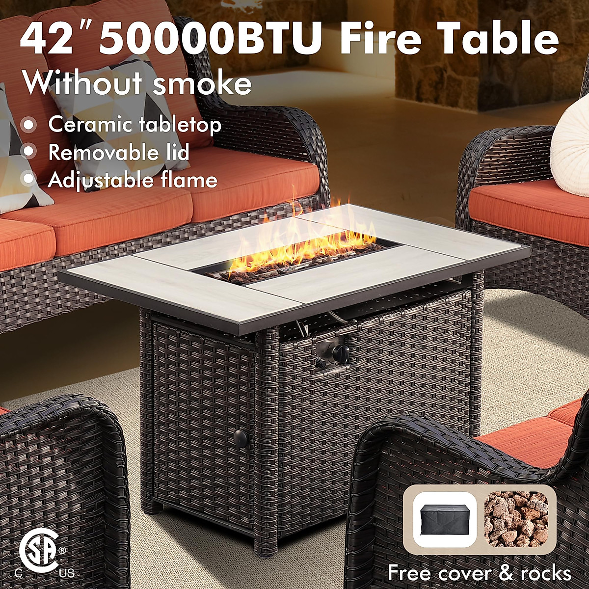 XIZZI Patio Furniture Set with Fire Pit Table,7 Pieces Outdoor Furniture with Swivel Rocking Chairs,All Weather Wicker Outside Conversation Sets for Balcony,Deck,and Backyard,Brown Rattan Orange Red