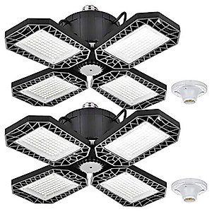Mefflypee 2 Pack LED Garage Lights, 120W Deformable LED Garage Ceiling Lights with 4 Adjustable Panels, 12000LM E26 LED Shop Lights for Garage, Basement, Barn, High Bay Light (2 Pack)