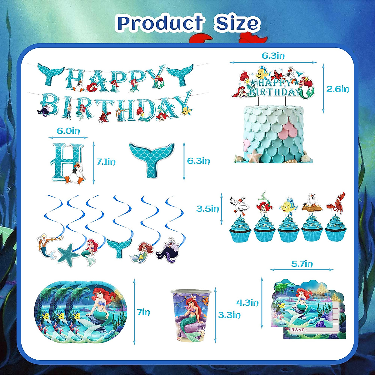 272 PCS Little Mermaid Birthday Party Supplies, Party Decorations, Ariel Birthday Decorations included Happy Birthday Banner, Balloons, Swirls, Invitation Cards, Tableware