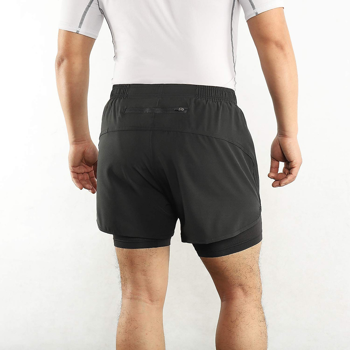 LIXADA Men's 2-in-1 Running Shorts Quick Drying Breathable Active Training Exercise Jogging Cycling Shorts (Black, L)