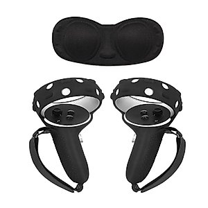 VR Controller Grips Cover with Anti-Throw Knuckle Strap + Lens Protector Cover for Oculus Quest 2 (Black)
