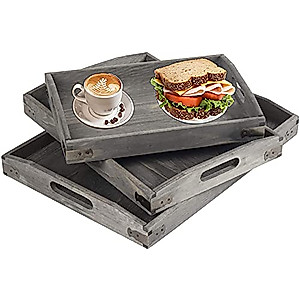 Owlgift Vintage Grey Wood Serving Trays with Brass Metal Wrap Accents, Set of 3
